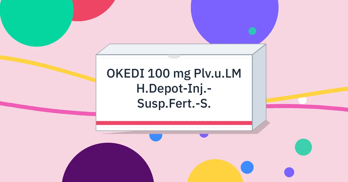Symbolbild: Packung mit der Aufschrift OKEDI 100 mg Plv.u.LM H.Depot-Inj.-Susp.Fert.-S. (PZN 18843199) – Verfügbarkeit und Bezug in Apotheken in Frankfurt am Main