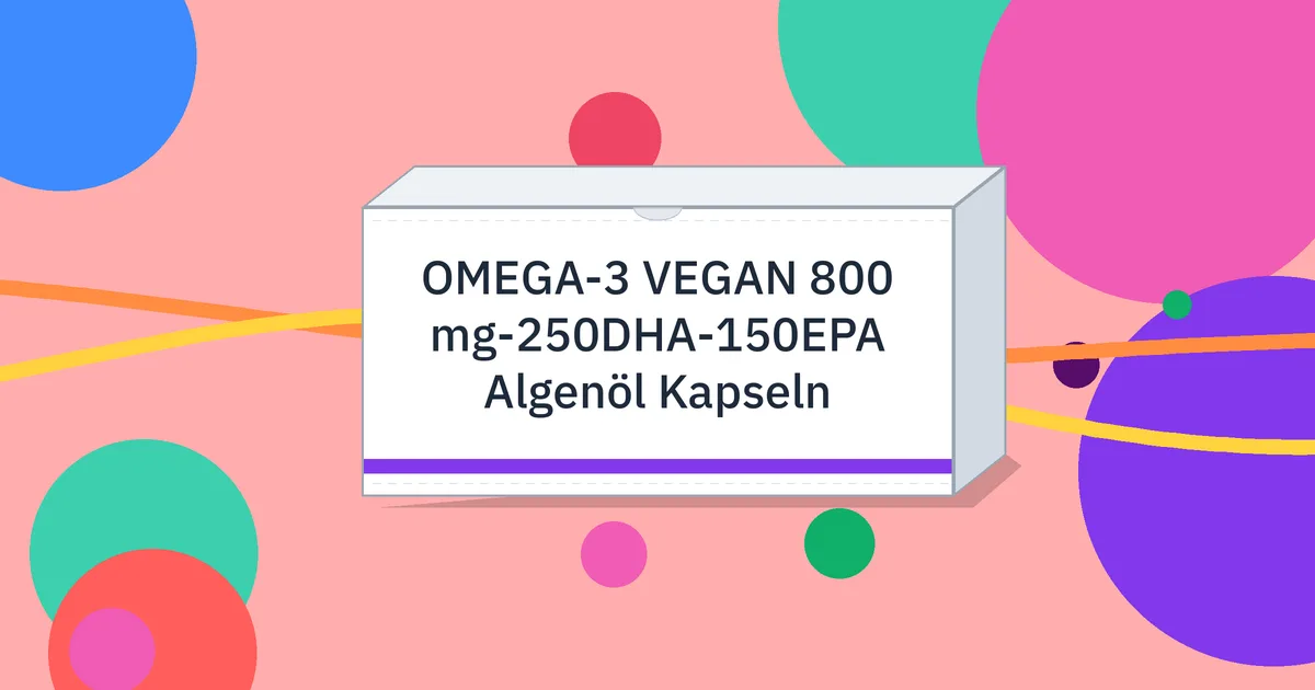 Symbolbild: Packung mit der Aufschrift OMEGA-3 VEGAN 800 mg-250DHA-150EPA Algenöl Kapseln (PZN 15375326) – Verfügbarkeit und Bezug in Apotheken in Frankfurt am Main