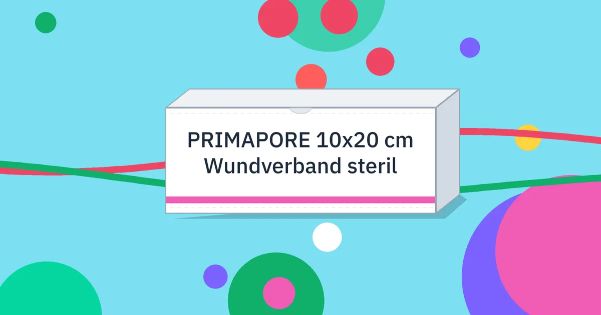 Symbolbild: Packung mit der Aufschrift PRIMAPORE 10x20 cm Wundverband steril (PZN 14329620) – Verfügbarkeit und Bezug in Apotheken in Frankfurt am Main