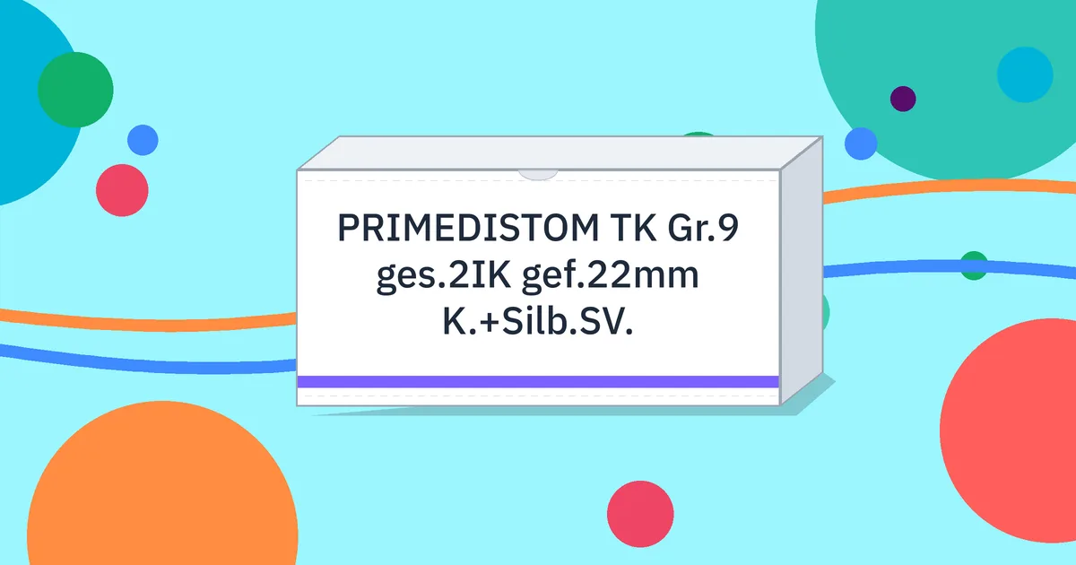 Symbolbild: Packung mit der Aufschrift PRIMEDISTOM TK Gr.9 ges.2IK gef.22mm K.+Silb.SV. (PZN 10980324) – Verfügbarkeit und Bezug in Apotheken in Frankfurt am Main