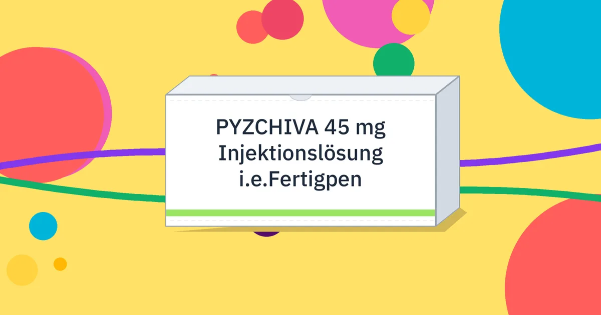 Symbolbild: Packung mit der Aufschrift PYZCHIVA 45 mg Injektionslösung i.e.Fertigpen (PZN 19149377) – Verfügbarkeit und Bezug in Apotheken in Frankfurt am Main