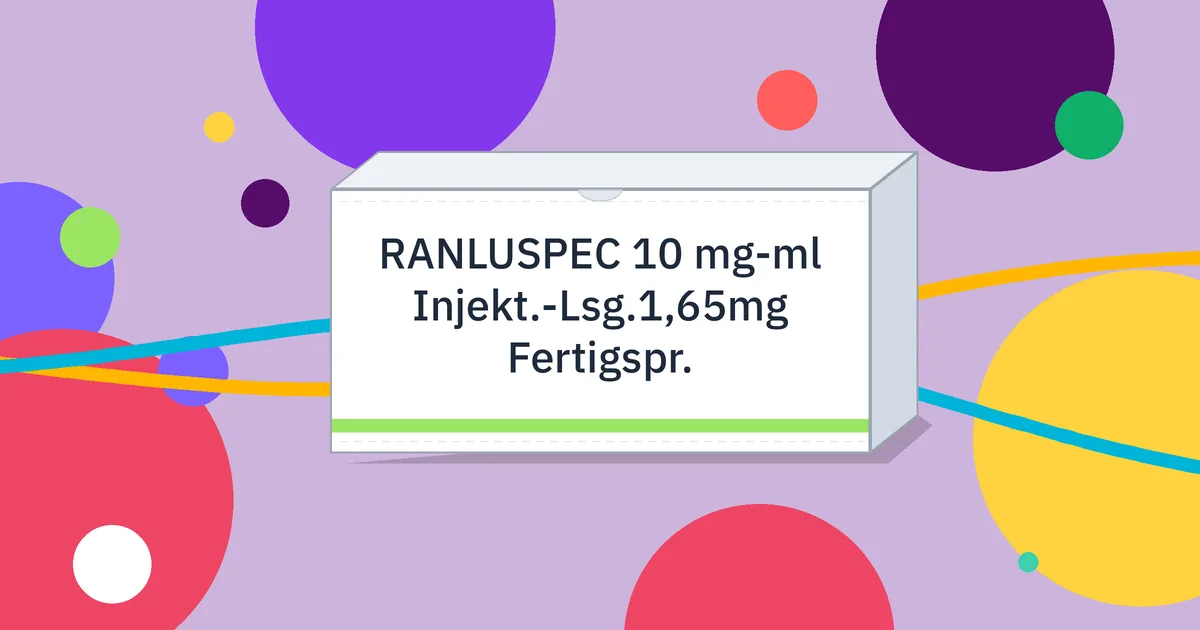 Symbolbild: Packung mit der Aufschrift RANLUSPEC 10 mg-ml Injekt.-Lsg.1,65mg Fertigspr. (PZN 20418049) – Verfügbarkeit und Bezug in Apotheken in Frankfurt am Main