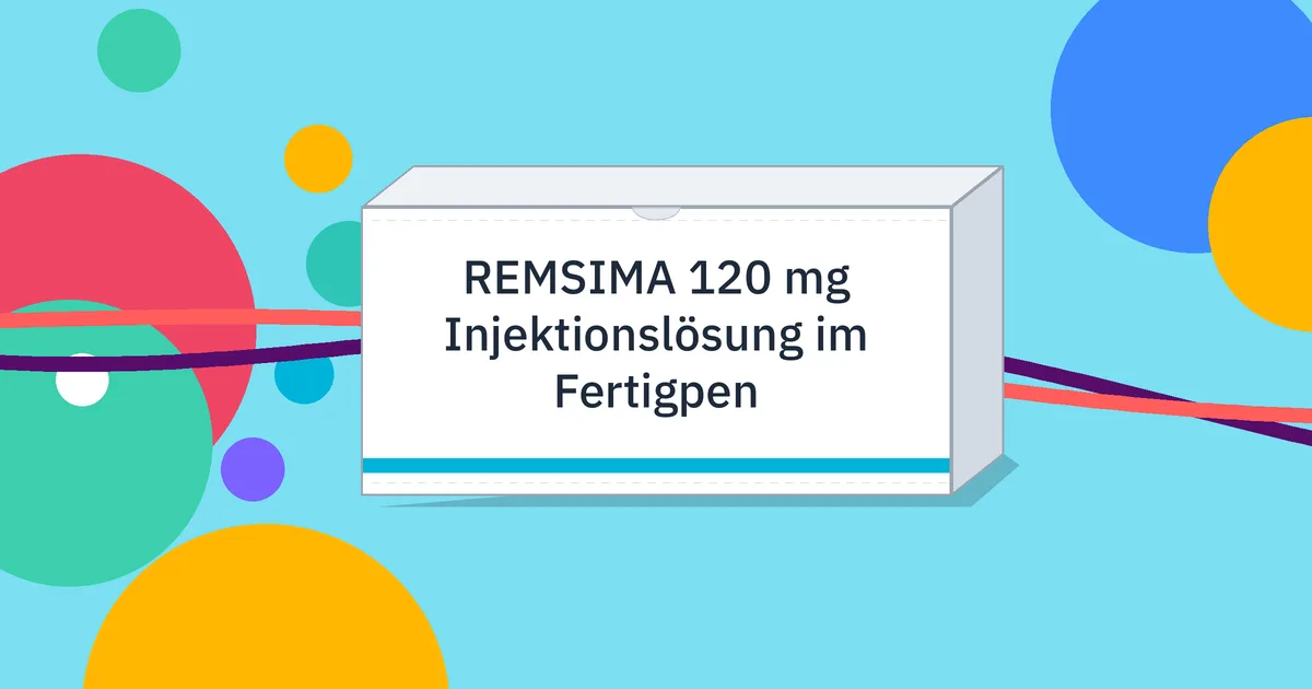 Symbolbild: Packung mit der Aufschrift REMSIMA 120 mg Injektionslösung im Fertigpen (PZN 17390502) – Verfügbarkeit und Bezug in Apotheken in Frankfurt am Main