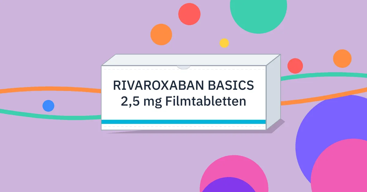 Symbolbild: Packung mit der Aufschrift RIVAROXABAN BASICS 2,5 mg Filmtabletten (PZN 18838904) – Verfügbarkeit und Bezug in Apotheken in Frankfurt am Main