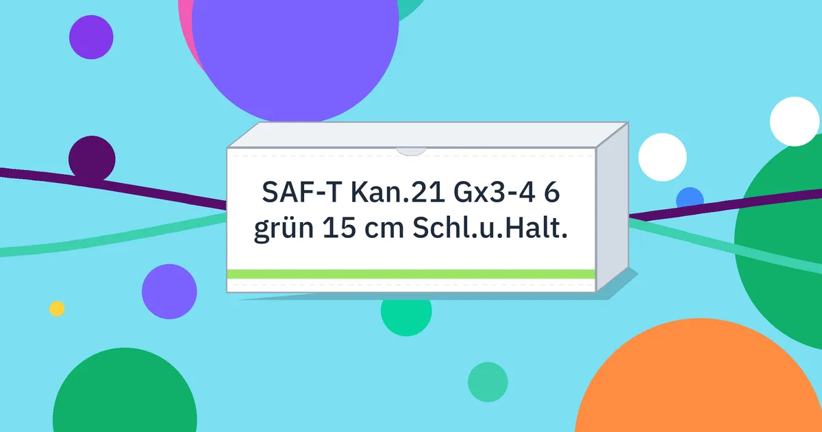 Symbolbild: Packung mit der Aufschrift SAF-T Kan.21 Gx3-4 6 grün 15 cm Schl.u.Halt. (PZN 00879251) – Verfügbarkeit und Bezug in Apotheken in Frankfurt am Main