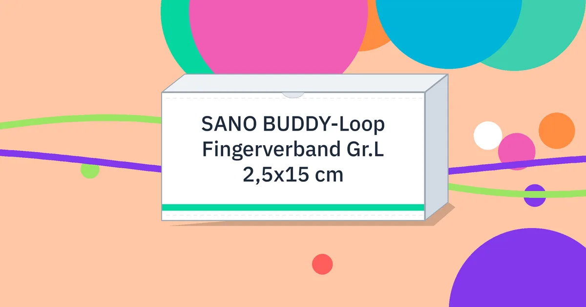 Symbolbild: Packung mit der Aufschrift SANO BUDDY-Loop Fingerverband Gr.L 2,5x15 cm (PZN 13159452) – Verfügbarkeit und Bezug in Apotheken in Frankfurt am Main