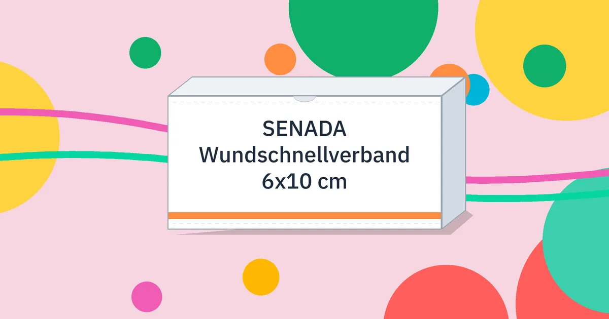 Symbolbild: Packung mit der Aufschrift SENADA Wundschnellverband 6x10 cm (PZN 08891257) – Verfügbarkeit und Bezug in Apotheken in Frankfurt am Main
