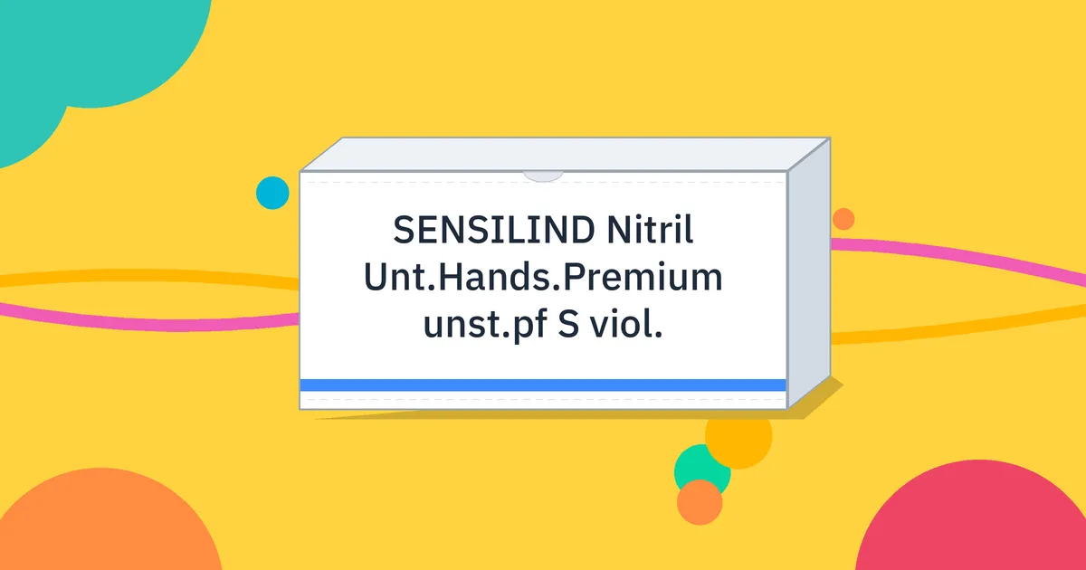 Symbolbild: Packung mit der Aufschrift SENSILIND Nitril Unt.Hands.Premium unst.pf S viol. (PZN 14353920) – Verfügbarkeit und Bezug in Apotheken in Frankfurt am Main
