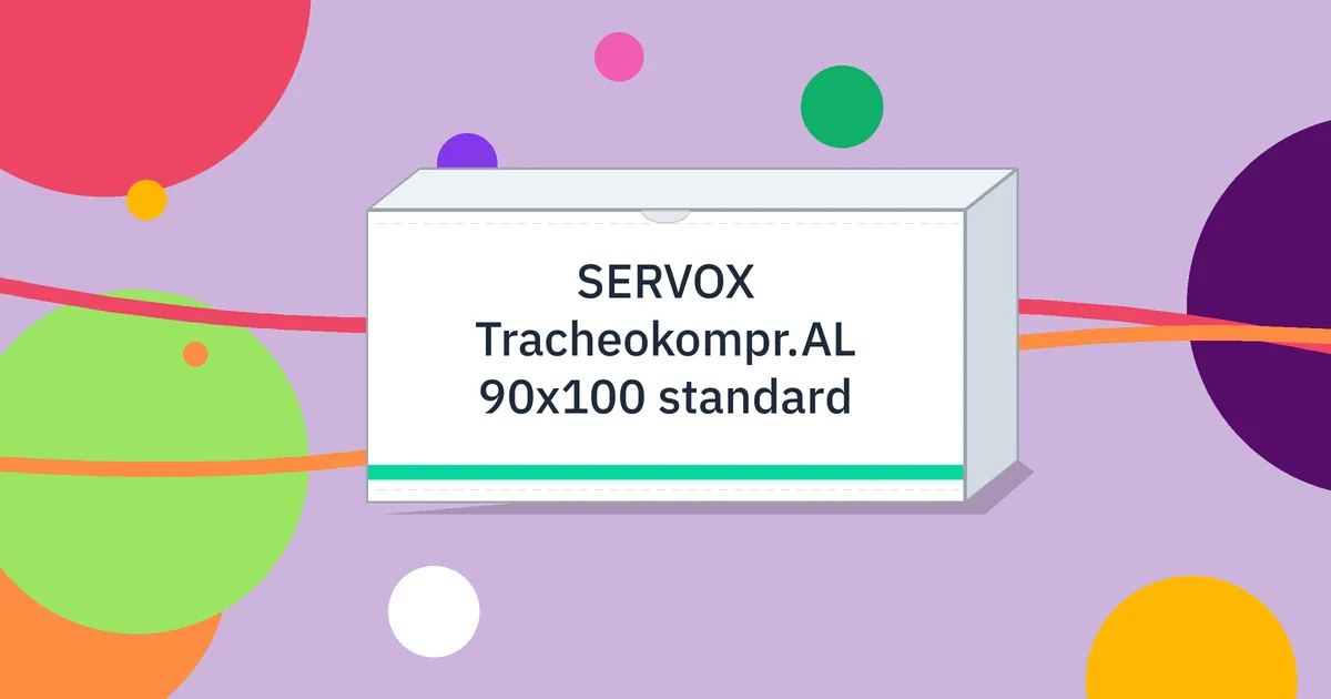 Symbolbild: Packung mit der Aufschrift SERVOX Tracheokompr.AL 90x100 standard (PZN 08848304) – Verfügbarkeit und Bezug in Apotheken in Frankfurt am Main