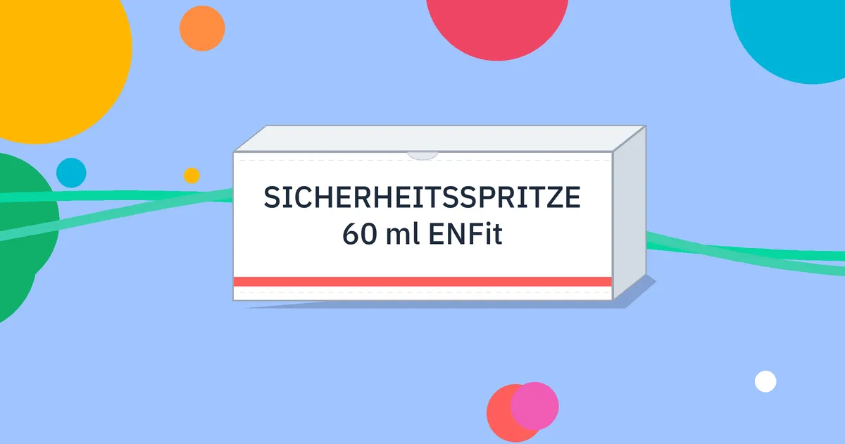 Symbolbild: Packung mit der Aufschrift SICHERHEITSSPRITZE 60 ml ENFit (PZN 19526762) – Verfügbarkeit und Bezug in Apotheken in Frankfurt am Main