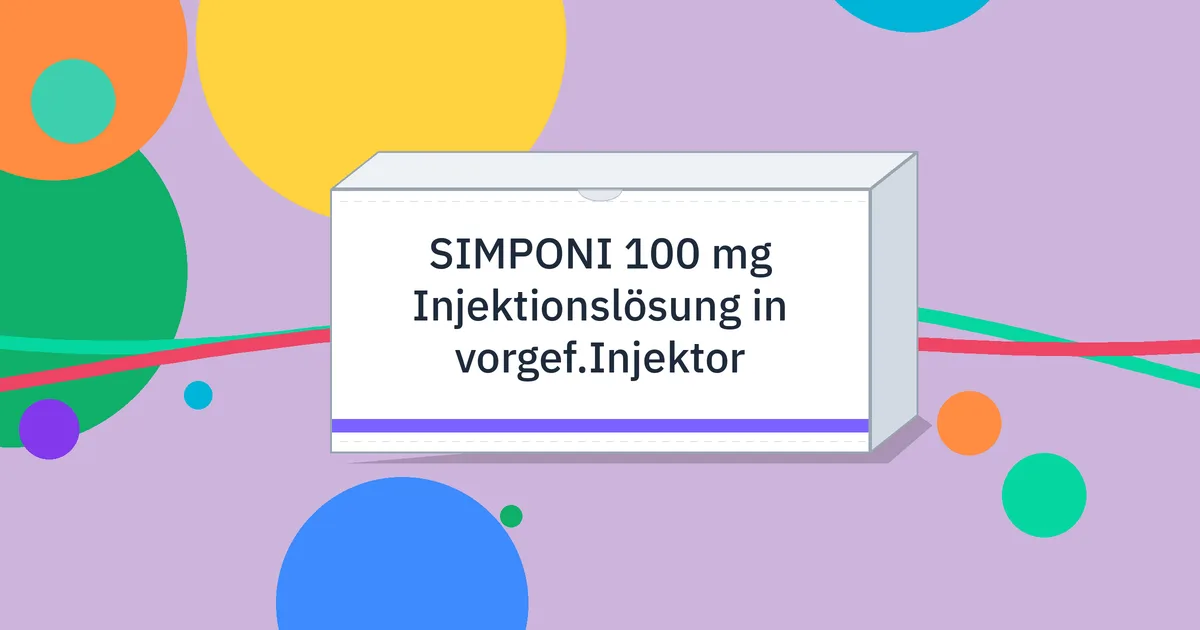 Symbolbild: Packung mit der Aufschrift SIMPONI 100 mg Injektionslösung in vorgef.Injektor (PZN 17550325) – Verfügbarkeit und Bezug in Apotheken in Frankfurt am Main