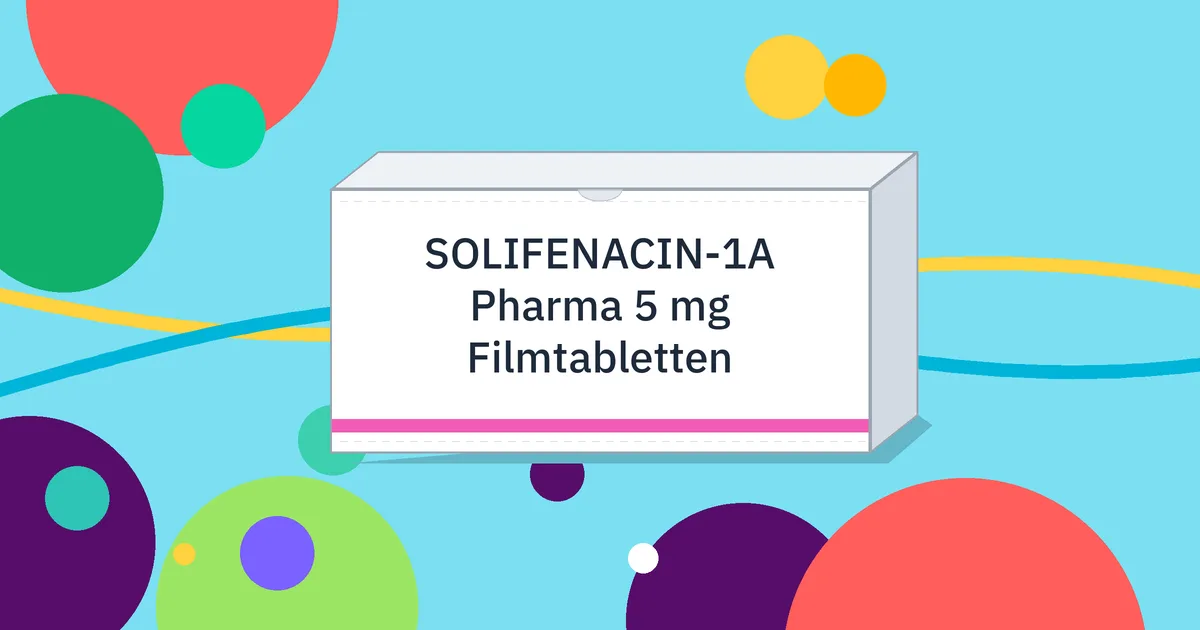 Symbolbild: Packung mit der Aufschrift SOLIFENACIN-1A Pharma 5 mg Filmtabletten (PZN 14440903) – Verfügbarkeit und Bezug in Apotheken in Frankfurt am Main