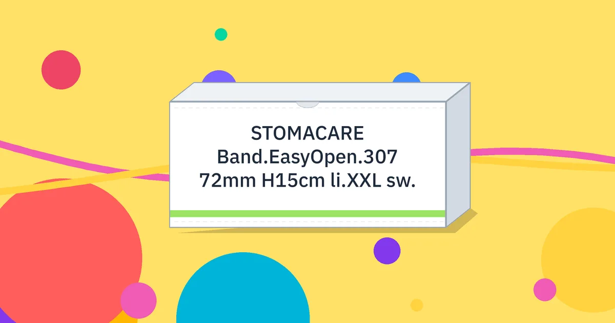 Symbolbild: Packung mit der Aufschrift STOMACARE Band.EasyOpen.307 72mm H15cm li.XXL sw. (PZN 09437572) – Verfügbarkeit und Bezug in Apotheken in Frankfurt am Main