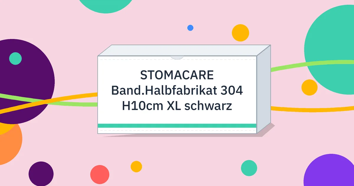 Symbolbild: Packung mit der Aufschrift STOMACARE Band.Halbfabrikat 304 H10cm XL schwarz (PZN 10841255) – Verfügbarkeit und Bezug in Apotheken in Frankfurt am Main
