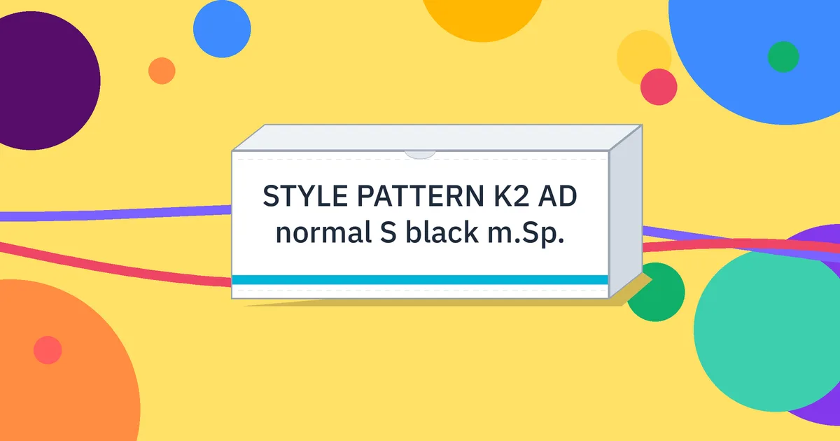 Symbolbild: Packung mit der Aufschrift STYLE PATTERN K2 AD normal S black m.Sp. (PZN 19695200) – Verfügbarkeit und Bezug in Apotheken in Frankfurt am Main
