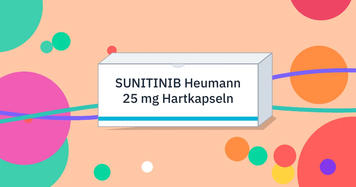 Symbolbild: Packung mit der Aufschrift SUNITINIB Heumann 25 mg Hartkapseln (PZN 17858678) – Verfügbarkeit und Bezug in Apotheken in Frankfurt am Main