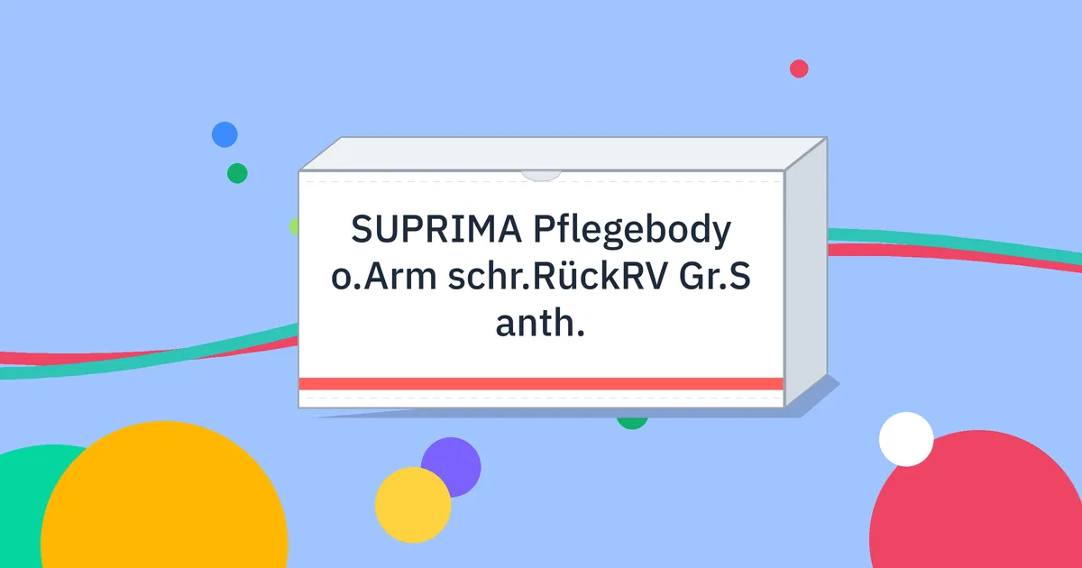Symbolbild: Packung mit der Aufschrift SUPRIMA Pflegebody o.Arm schr.RückRV Gr.S anth. (PZN 10710903) – Verfügbarkeit und Bezug in Apotheken in Frankfurt am Main