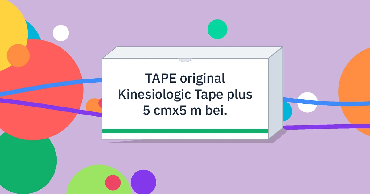 Symbolbild: Packung mit der Aufschrift TAPE original Kinesiologic Tape plus 5 cmx5 m bei. (PZN 13579591) – Verfügbarkeit und Bezug in Apotheken in Frankfurt am Main