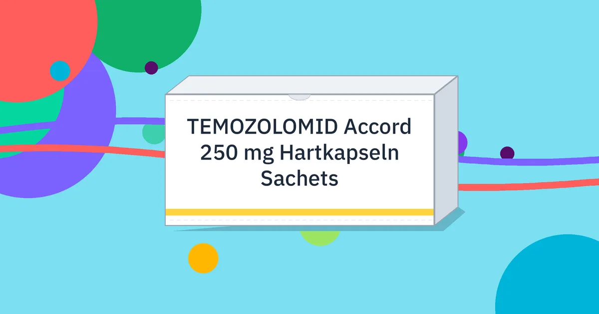 Symbolbild: Packung mit der Aufschrift TEMOZOLOMID Accord 250 mg Hartkapseln Sachets (PZN 13197286) – Verfügbarkeit und Bezug in Apotheken in Frankfurt am Main