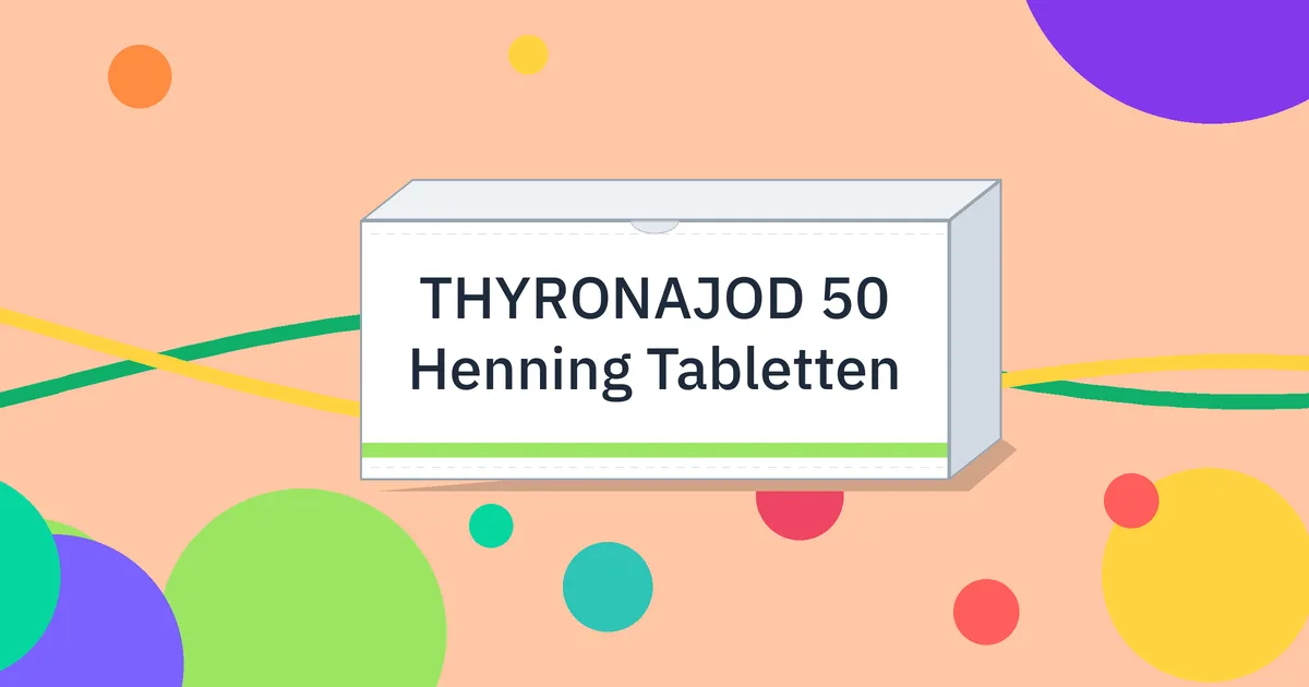 Symbolbild: Packung mit der Aufschrift THYRONAJOD 50 Henning Tabletten (PZN 06882219) – Verfügbarkeit und Bezug in Apotheken in Frankfurt am Main