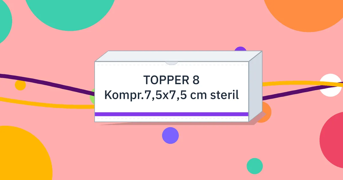 Symbolbild: Packung mit der Aufschrift TOPPER 8 Kompr.7,5x7,5 cm steril (PZN 01341720) – Verfügbarkeit und Bezug in Apotheken in Frankfurt am Main