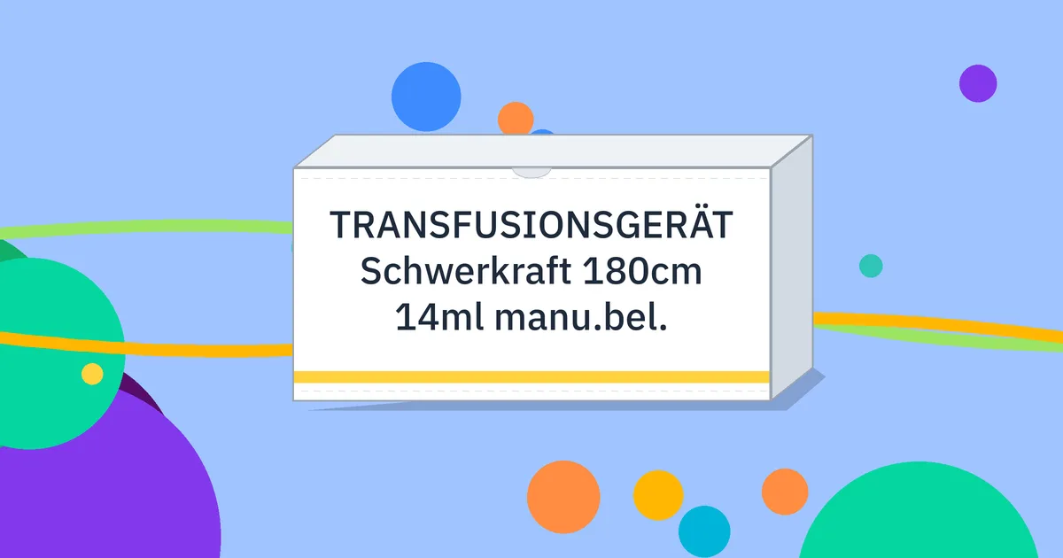 Symbolbild: Packung mit der Aufschrift TRANSFUSIONSGERÄT Schwerkraft 180cm 14ml manu.bel. (PZN 18837112) – Verfügbarkeit und Bezug in Apotheken in Frankfurt am Main
