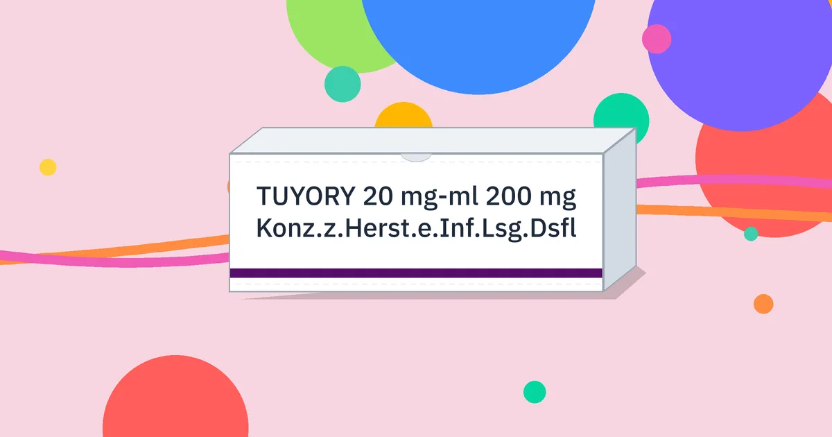 Symbolbild: Packung mit der Aufschrift TUYORY 20 mg-ml 200 mg Konz.z.Herst.e.Inf.Lsg.Dsfl (PZN 20634741) – Verfügbarkeit und Bezug in Apotheken in Frankfurt am Main