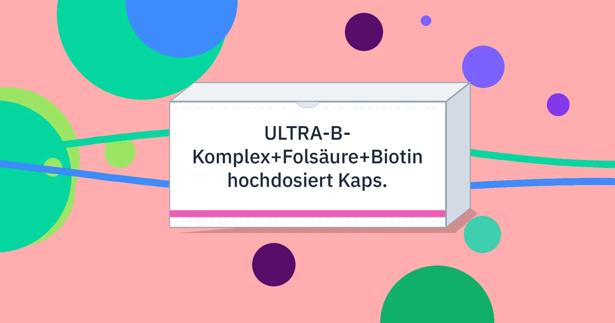 Symbolbild: Packung mit der Aufschrift ULTRA-B-Komplex+Folsäure+Biotin hochdosiert Kaps. (PZN 18742073) – Verfügbarkeit und Bezug in Apotheken in Frankfurt am Main