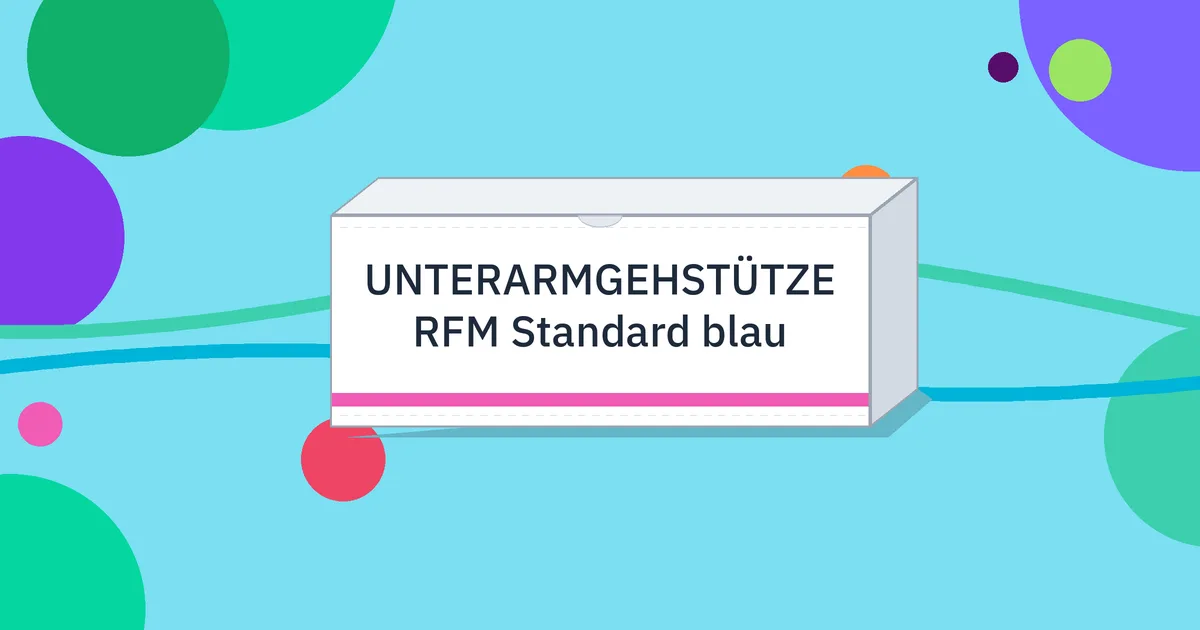 Symbolbild: Packung mit der Aufschrift UNTERARMGEHSTÜTZE RFM Standard blau (PZN 20224807) – Verfügbarkeit und Bezug in Apotheken in Frankfurt am Main