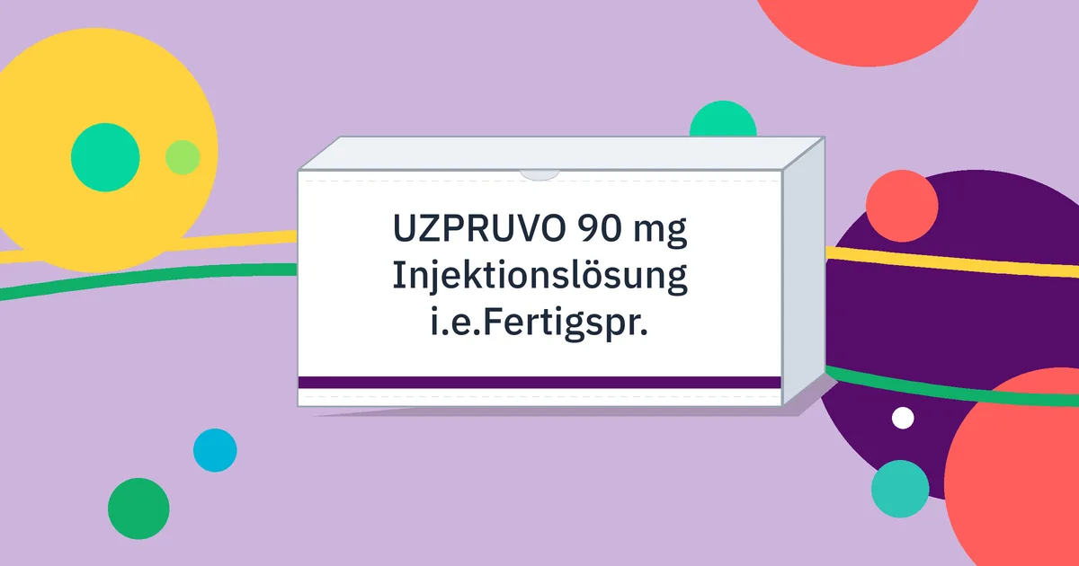 Symbolbild: Packung mit der Aufschrift UZPRUVO 90 mg Injektionslösung i.e.Fertigspr. (PZN 20222010) – Verfügbarkeit und Bezug in Apotheken in Frankfurt am Main