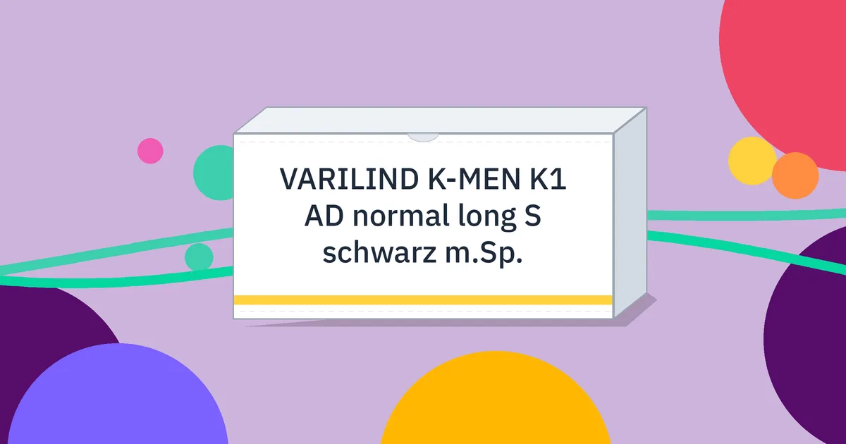 Symbolbild: Packung mit der Aufschrift VARILIND K-MEN K1 AD normal long S schwarz m.Sp. (PZN 20569156) – Verfügbarkeit und Bezug in Apotheken in Frankfurt am Main
