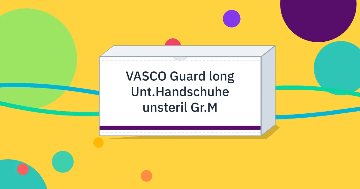 Symbolbild: Packung mit der Aufschrift VASCO Guard long Unt.Handschuhe unsteril Gr.M (PZN 13571052) – Verfügbarkeit und Bezug in Apotheken in Frankfurt am Main