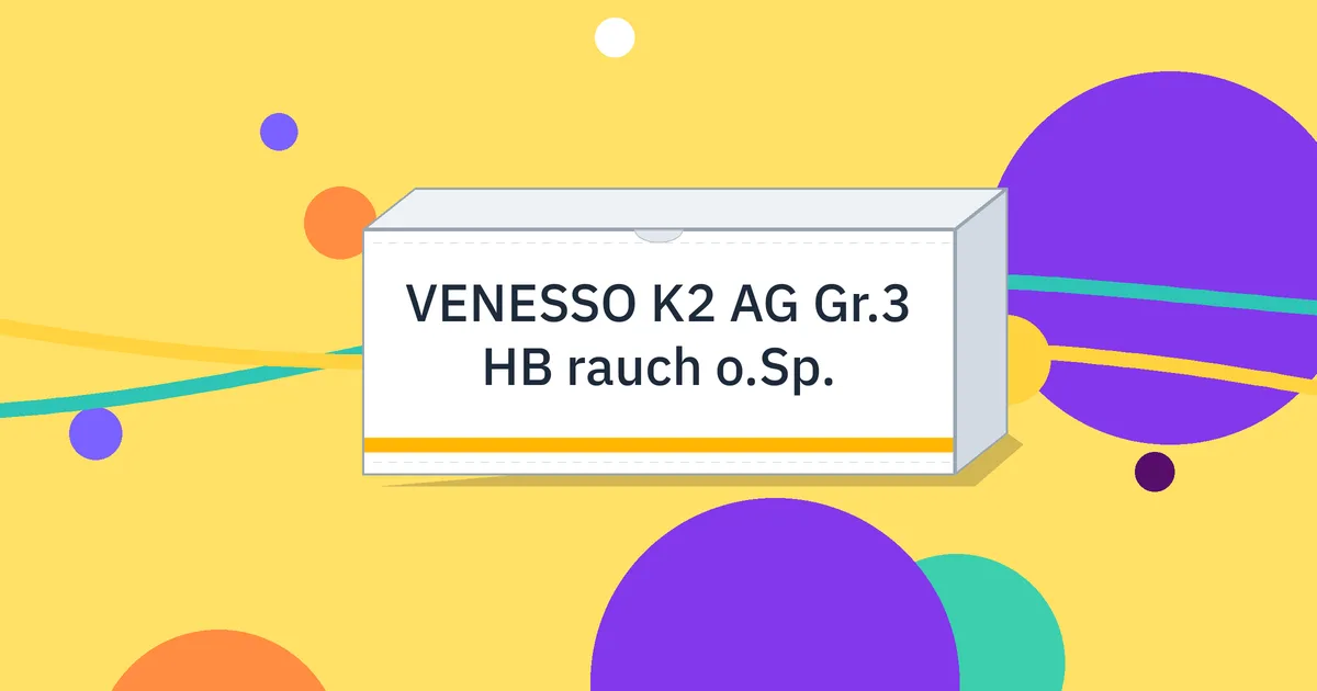 Symbolbild: Packung mit der Aufschrift VENESSO K2 AG Gr.3 HB rauch o.Sp. (PZN 03264739) – Verfügbarkeit und Bezug in Apotheken in Frankfurt am Main