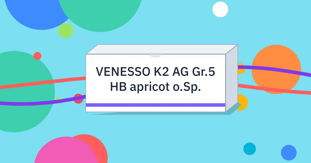 Symbolbild: Packung mit der Aufschrift VENESSO K2 AG Gr.5 HB apricot o.Sp. (PZN 03265041) – Verfügbarkeit und Bezug in Apotheken in Frankfurt am Main