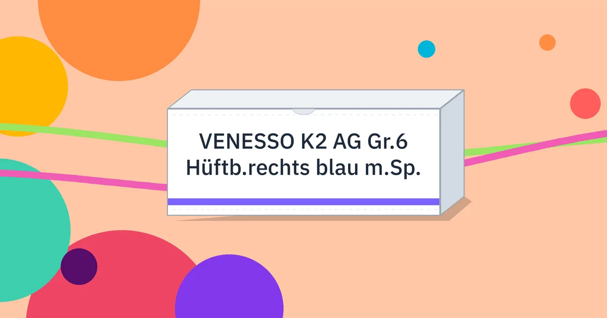 Symbolbild: Packung mit der Aufschrift VENESSO K2 AG Gr.6 Hüftb.rechts blau m.Sp. (PZN 03274749) – Verfügbarkeit und Bezug in Apotheken in Frankfurt am Main