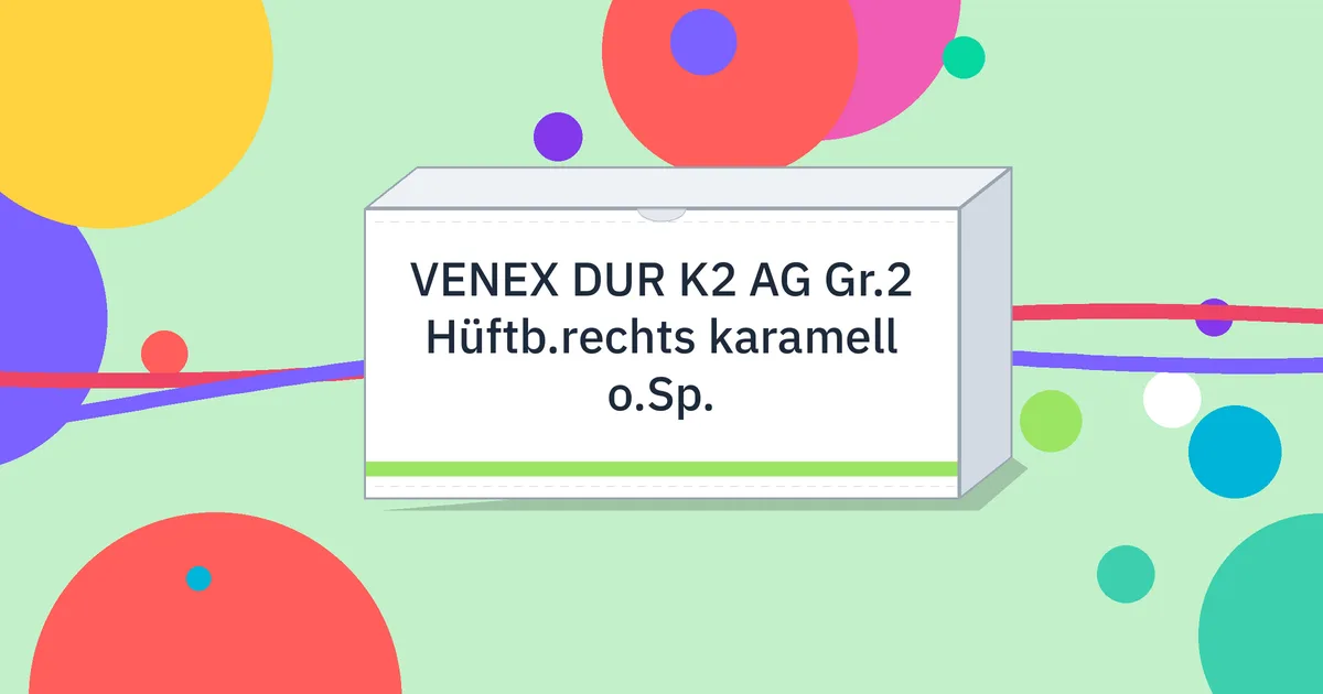 Symbolbild: Packung mit der Aufschrift VENEX DUR K2 AG Gr.2 Hüftb.rechts karamell o.Sp. (PZN 13761261) – Verfügbarkeit und Bezug in Apotheken in Frankfurt am Main