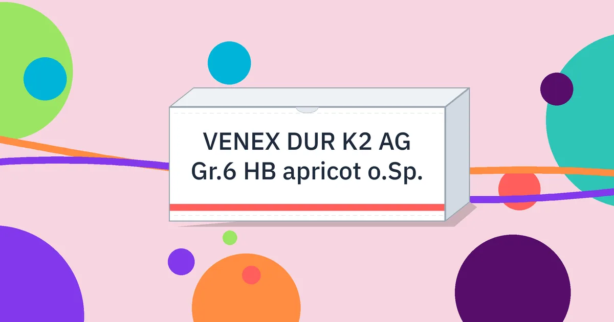 Symbolbild: Packung mit der Aufschrift VENEX DUR K2 AG Gr.6 HB apricot o.Sp. (PZN 03221078) – Verfügbarkeit und Bezug in Apotheken in Frankfurt am Main