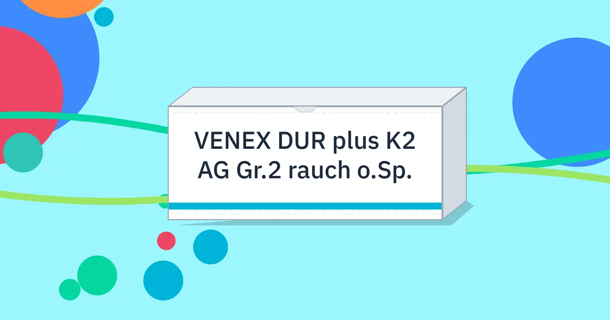 Symbolbild: Packung mit der Aufschrift VENEX DUR plus K2 AG Gr.2 rauch o.Sp. (PZN 03235637) – Verfügbarkeit und Bezug in Apotheken in Frankfurt am Main