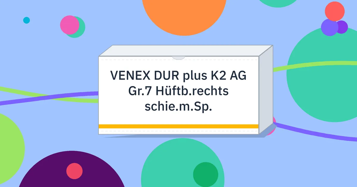 Symbolbild: Packung mit der Aufschrift VENEX DUR plus K2 AG Gr.7 Hüftb.rechts schie.m.Sp. (PZN 03239457) – Verfügbarkeit und Bezug in Apotheken in Frankfurt am Main