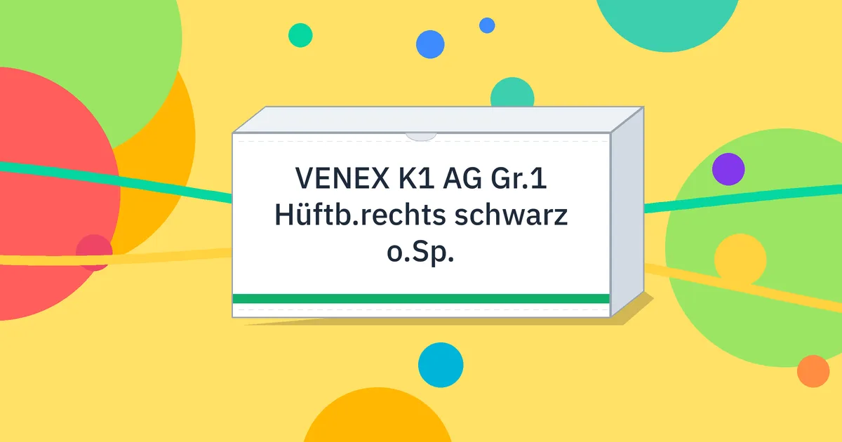 Symbolbild: Packung mit der Aufschrift VENEX K1 AG Gr.1 Hüftb.rechts schwarz o.Sp. (PZN 03208149) – Verfügbarkeit und Bezug in Apotheken in Frankfurt am Main