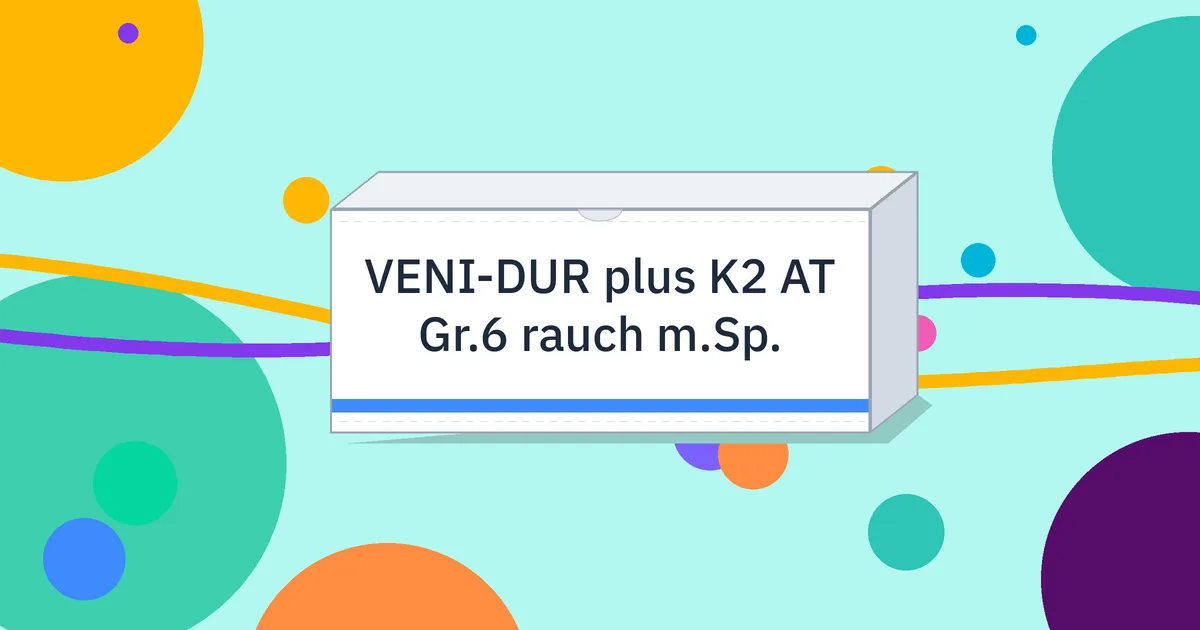 Symbolbild: Packung mit der Aufschrift VENI-DUR plus K2 AT Gr.6 rauch m.Sp. (PZN 03255189) – Verfügbarkeit und Bezug in Apotheken in Frankfurt am Main