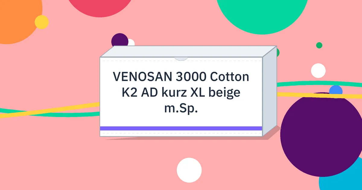 Symbolbild: Packung mit der Aufschrift VENOSAN 3000 Cotton K2 AD kurz XL beige m.Sp. (PZN 14421283) – Verfügbarkeit und Bezug in Apotheken in Frankfurt am Main