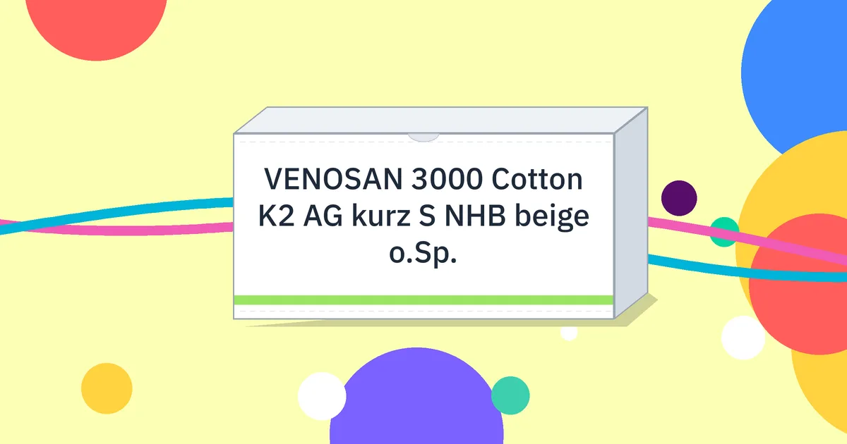 Symbolbild: Packung mit der Aufschrift VENOSAN 3000 Cotton K2 AG kurz S NHB beige o.Sp. (PZN 14421550) – Verfügbarkeit und Bezug in Apotheken in Frankfurt am Main