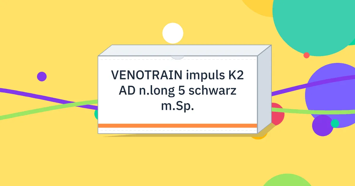 Symbolbild: Packung mit der Aufschrift VENOTRAIN impuls K2 AD n.long 5 schwarz m.Sp. (PZN 00619691) – Verfügbarkeit und Bezug in Apotheken in Frankfurt am Main