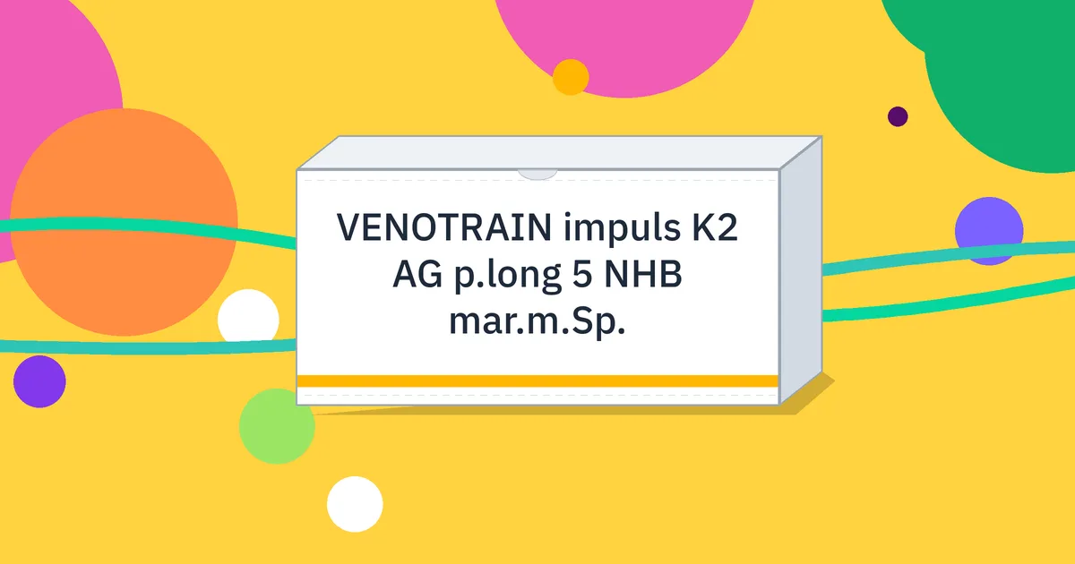 Symbolbild: Packung mit der Aufschrift VENOTRAIN impuls K2 AG p.long 5 NHB mar.m.Sp. (PZN 15214267) – Verfügbarkeit und Bezug in Apotheken in Frankfurt am Main