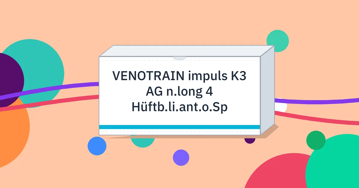 Symbolbild: Packung mit der Aufschrift VENOTRAIN impuls K3 AG n.long 4 Hüftb.li.ant.o.Sp (PZN 15220871) – Verfügbarkeit und Bezug in Apotheken in Frankfurt am Main