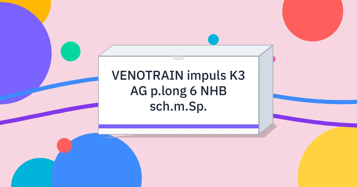 Symbolbild: Packung mit der Aufschrift VENOTRAIN impuls K3 AG p.long 6 NHB sch.m.Sp. (PZN 00536999) – Verfügbarkeit und Bezug in Apotheken in Frankfurt am Main