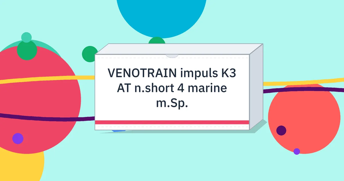 Symbolbild: Packung mit der Aufschrift VENOTRAIN impuls K3 AT n.short 4 marine m.Sp. (PZN 19355496) – Verfügbarkeit und Bezug in Apotheken in Frankfurt am Main