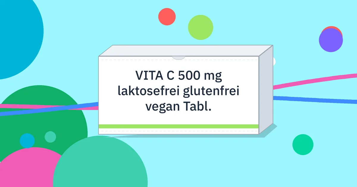 Symbolbild: Packung mit der Aufschrift VITA C 500 mg laktosefrei glutenfrei vegan Tabl. (PZN 17542426) – Verfügbarkeit und Bezug in Apotheken in Frankfurt am Main