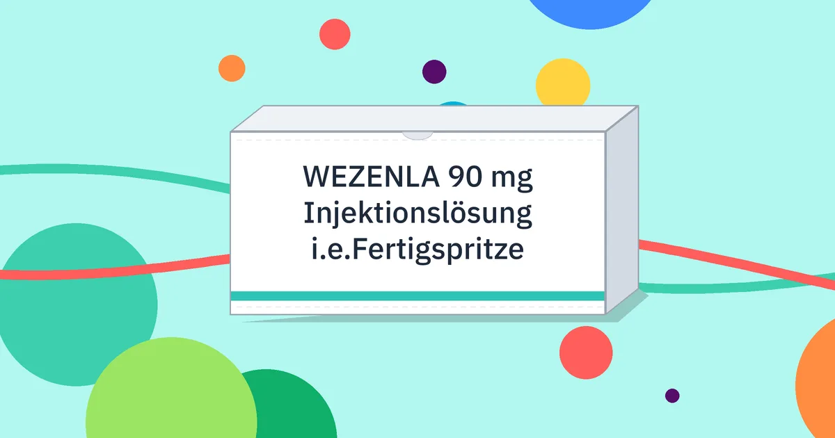 Symbolbild: Packung mit der Aufschrift WEZENLA 90 mg Injektionslösung i.e.Fertigspritze (PZN 19845929) – Verfügbarkeit und Bezug in Apotheken in Frankfurt am Main